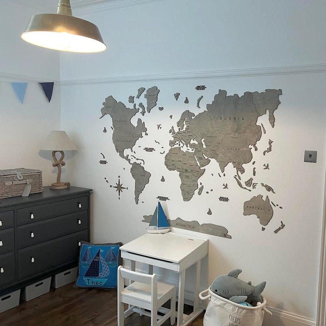 World Wooden Map - River Gray, Family Gift, Travel Map Decor, Gray ...
