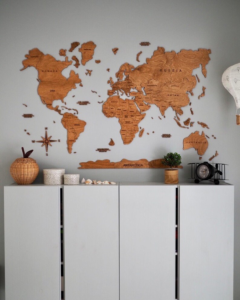 Handcrafted Wooden World Map Wall Art, Home Office Decor, Push Pins Map ...