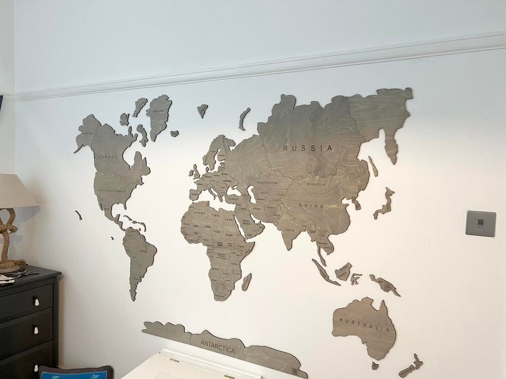Wooden World Wall Map, Art Decore Living Room River Gray Borders Map - Etsy