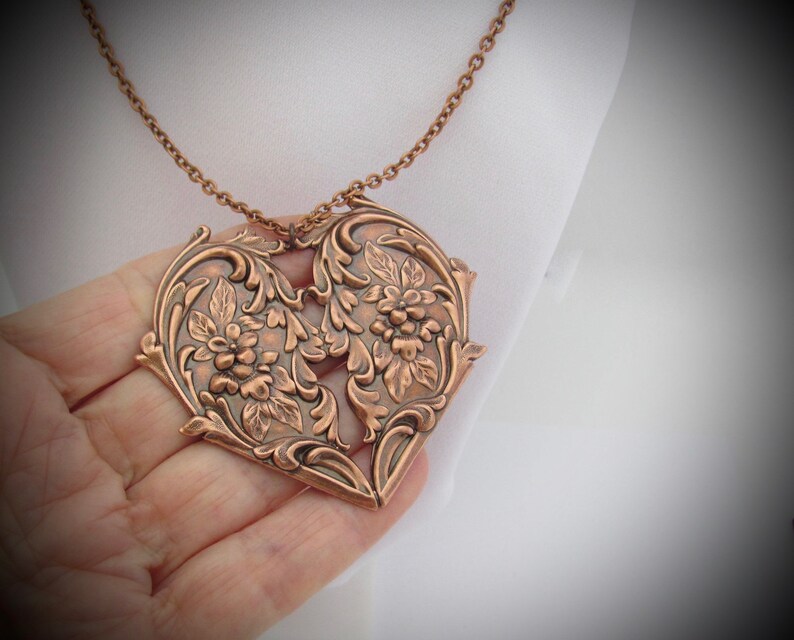 Heart Necklace Antique Copper Heart Large Statement Flower - Etsy