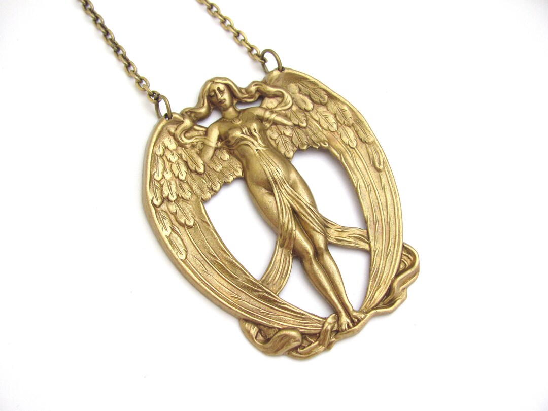Art Nouveau Necklace Angel Goddess Deco Pendant Antiqued Brass Cosplay ...