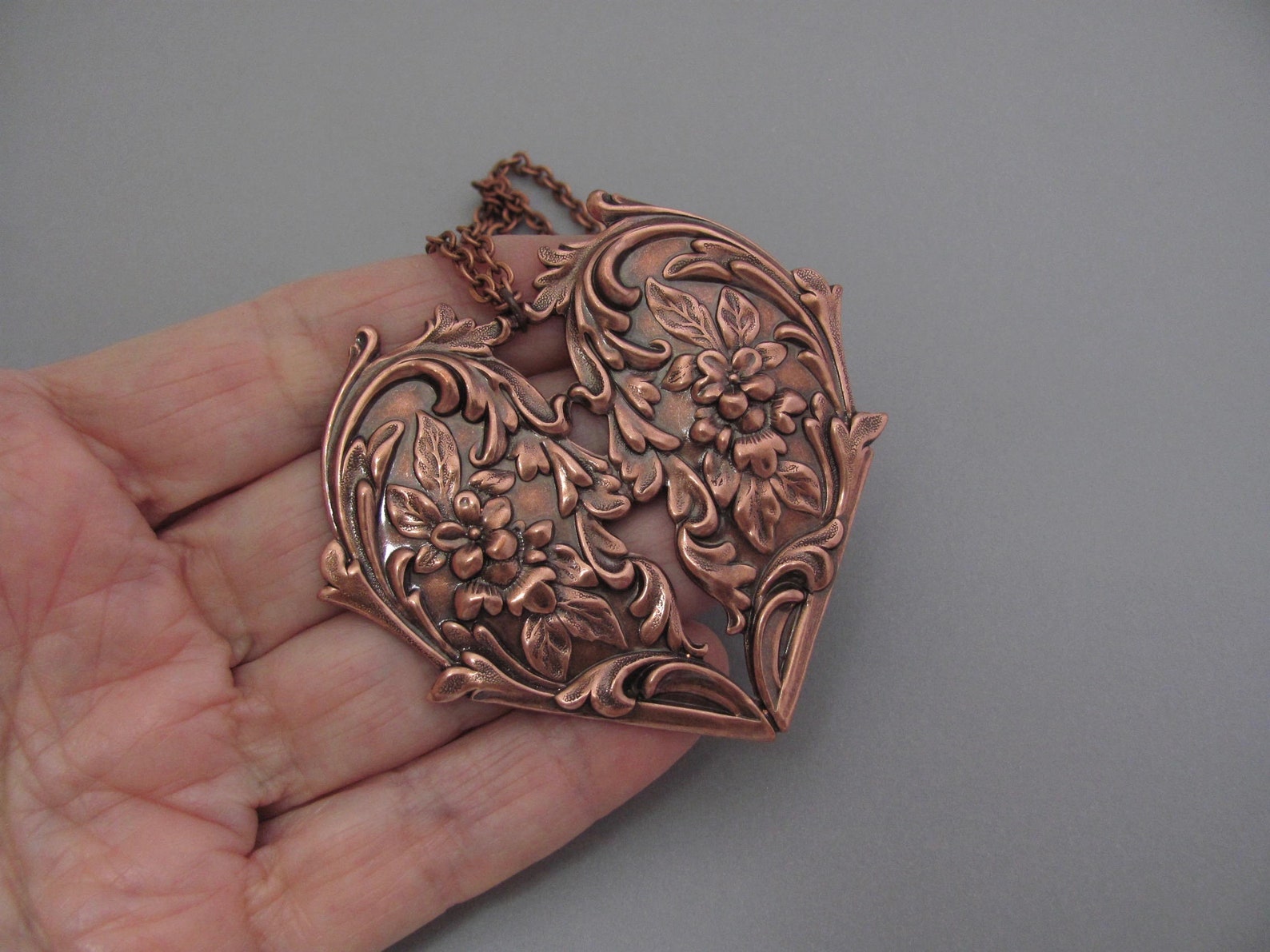Heart Necklace Antique Copper Heart Large Statement Flower - Etsy