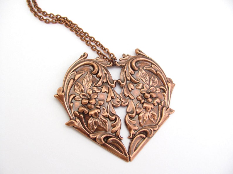 Heart Necklace Antique Copper Heart Large Statement Flower | Etsy