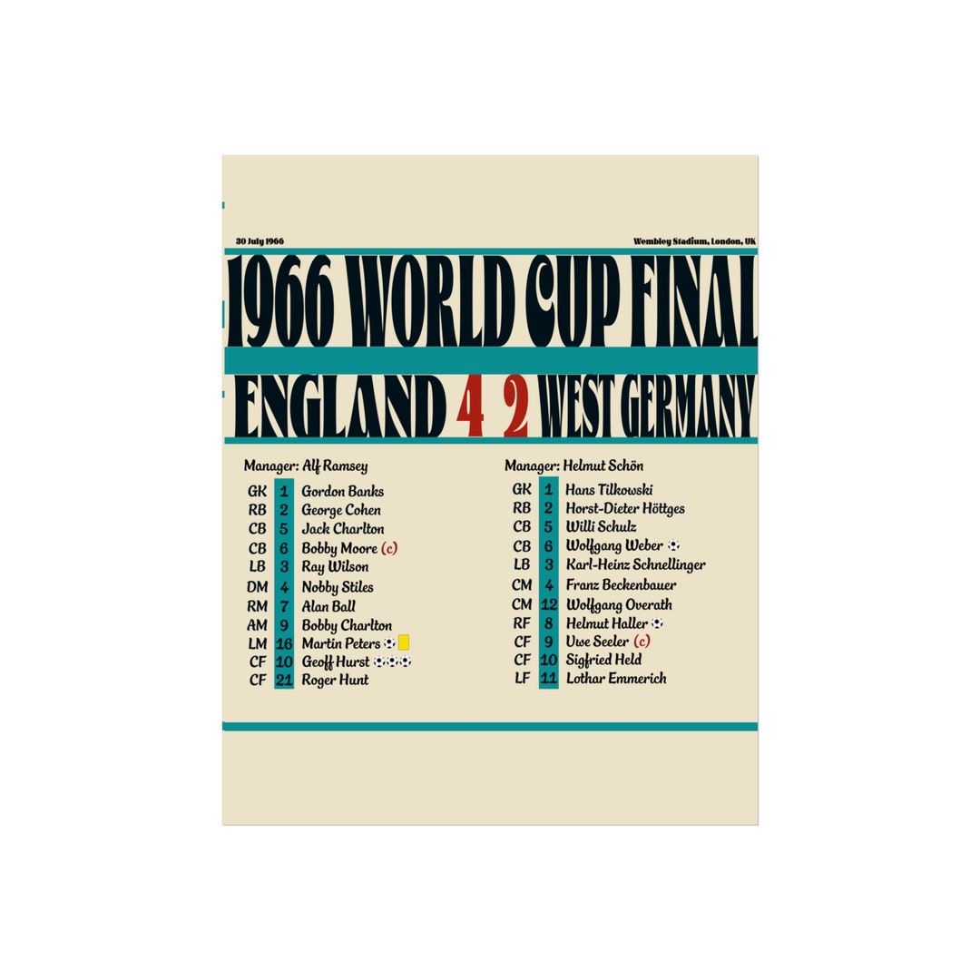 England 1966 World Cup Final Poster Print Featuring Lineup, Teamsheet ...