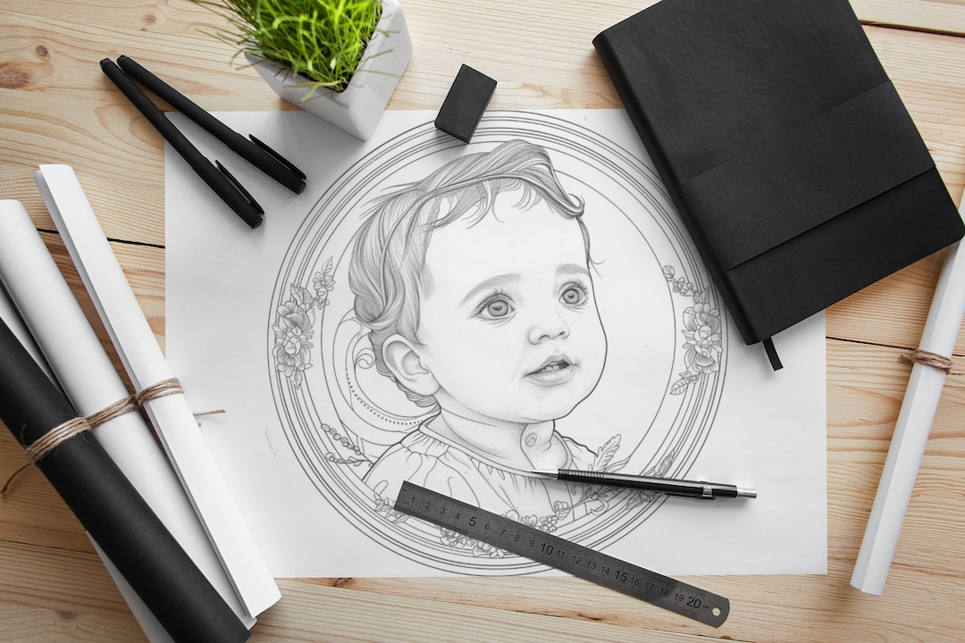 Set of 8, Baby Potraits Coloring, Grayscale Coloring, Baby Coloring ...