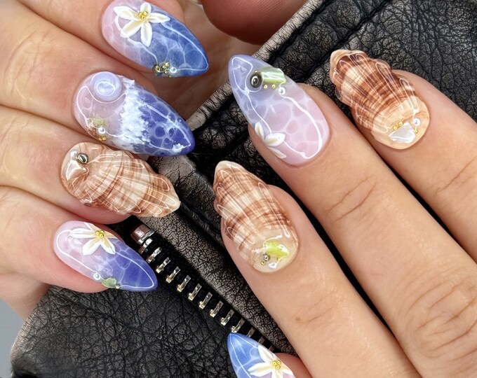 Vacation Blue Ocean Design Press on Nails Island Trip Reusable Gel ...