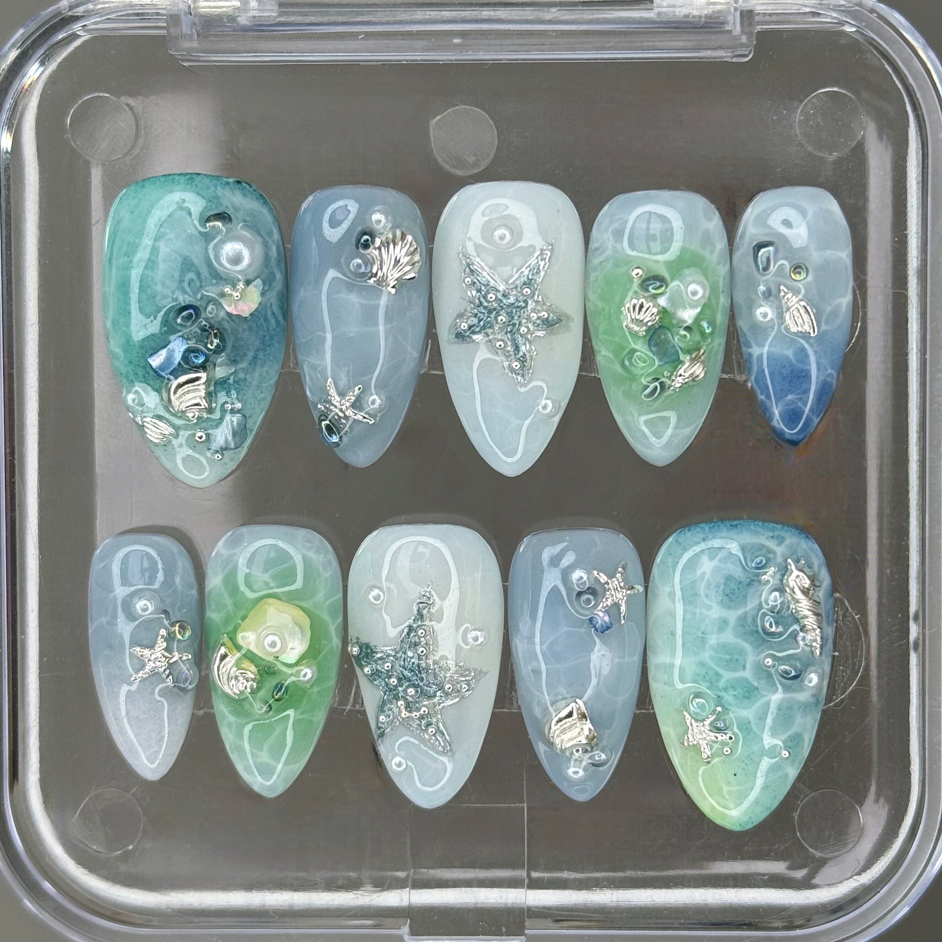 Summer Vacation Blue / Green Water Design Ocean Press on Nails Island Trip Reusable Gel Nails ...