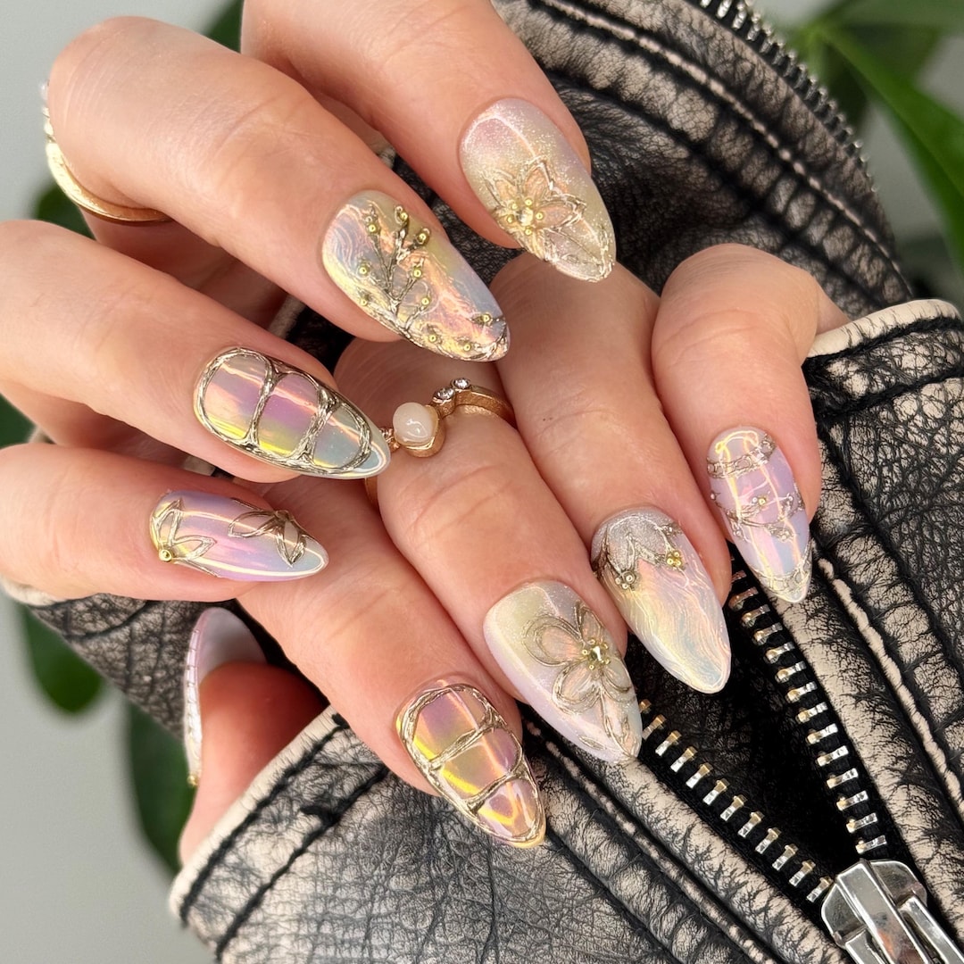 Iridescent Pastel Press on Nails Plaid & 3D Flower Nail Set With Gold Accents Holographic Spring ...