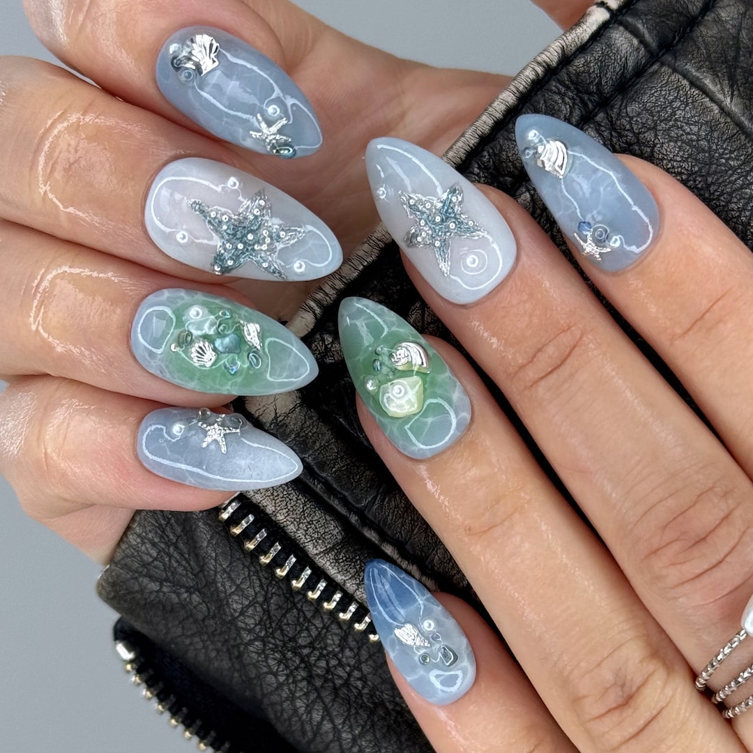 Summer Vacation Blue / Green Water Design Ocean Press on Nails Island Trip Reusable Gel Nails ...