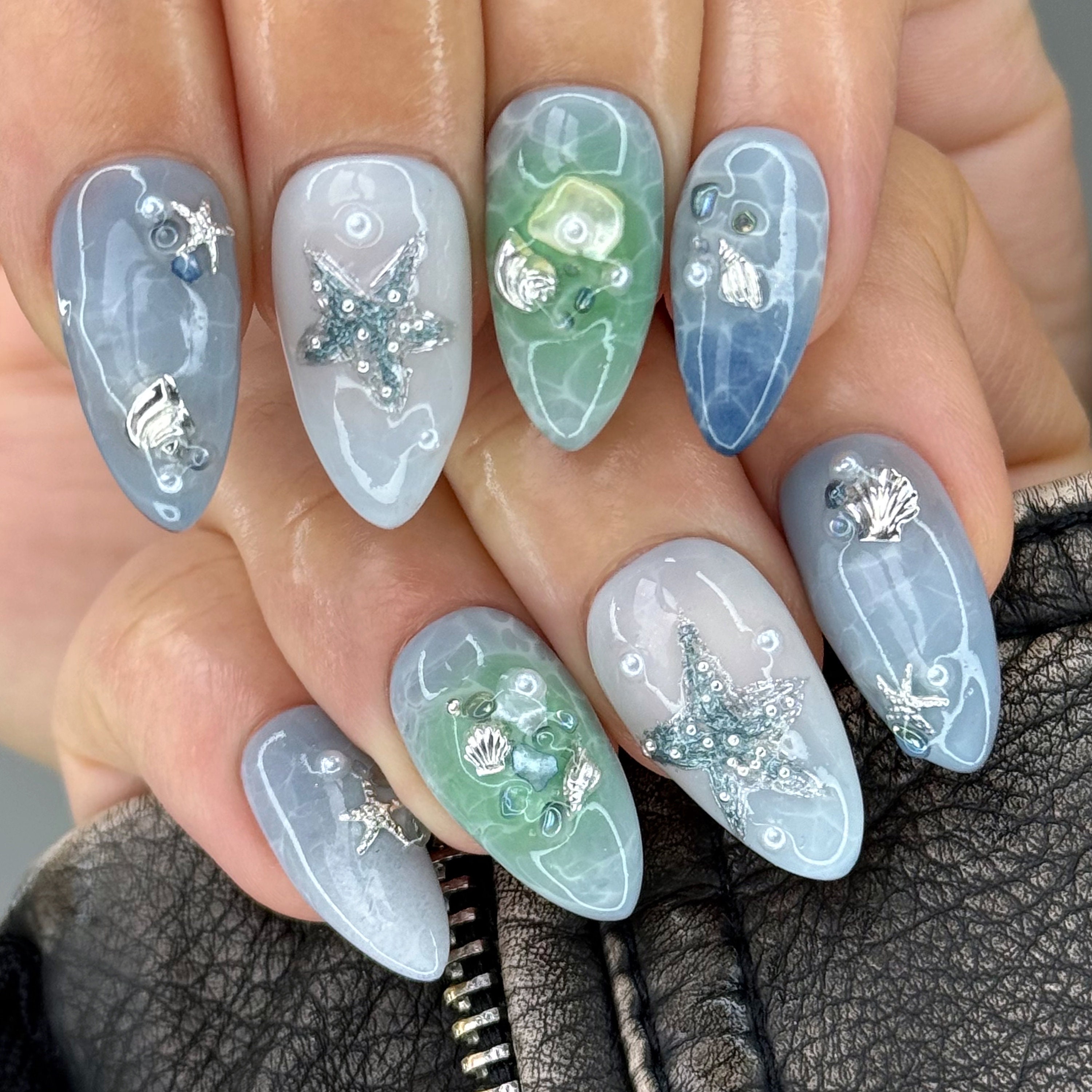 Summer Vacation Blue / Green Water Design Ocean Press on Nails Island Trip Reusable Gel Nails ...