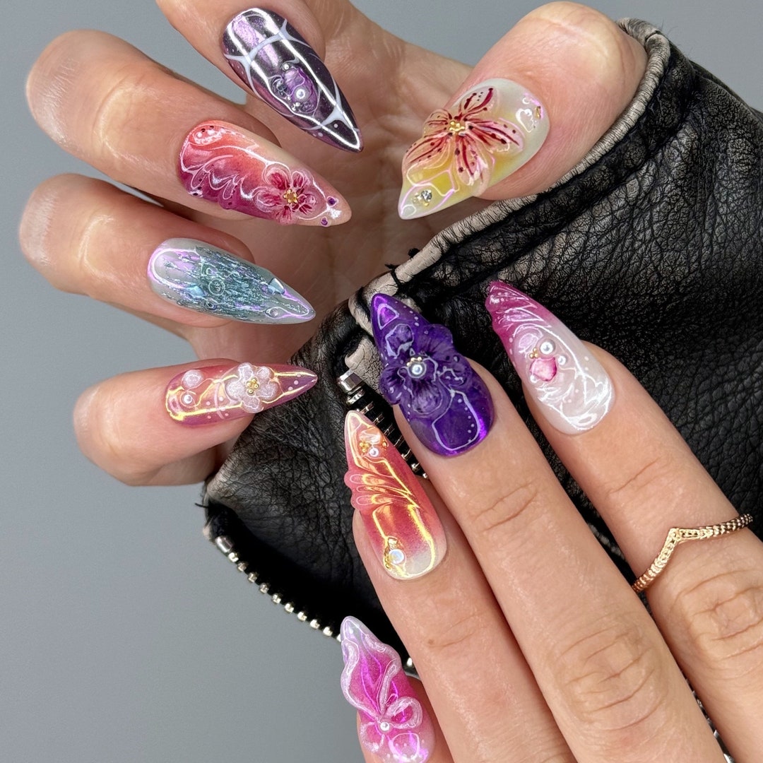Violet Y2K Spring Freestyle Flower 3D Pink Yellow Press on Nails ...