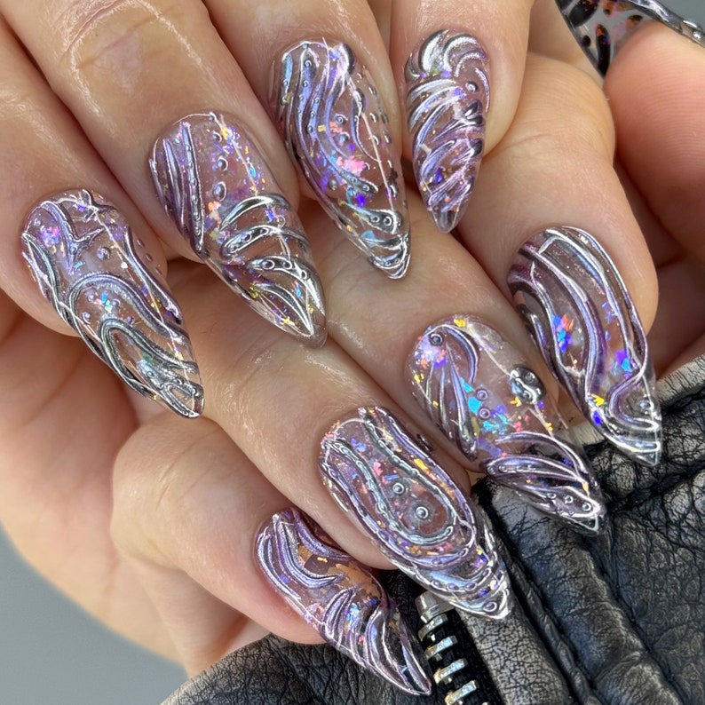 Cosmic Y2K Purple Euphoria Swirl Freestyle Press on Nails Reusable ...