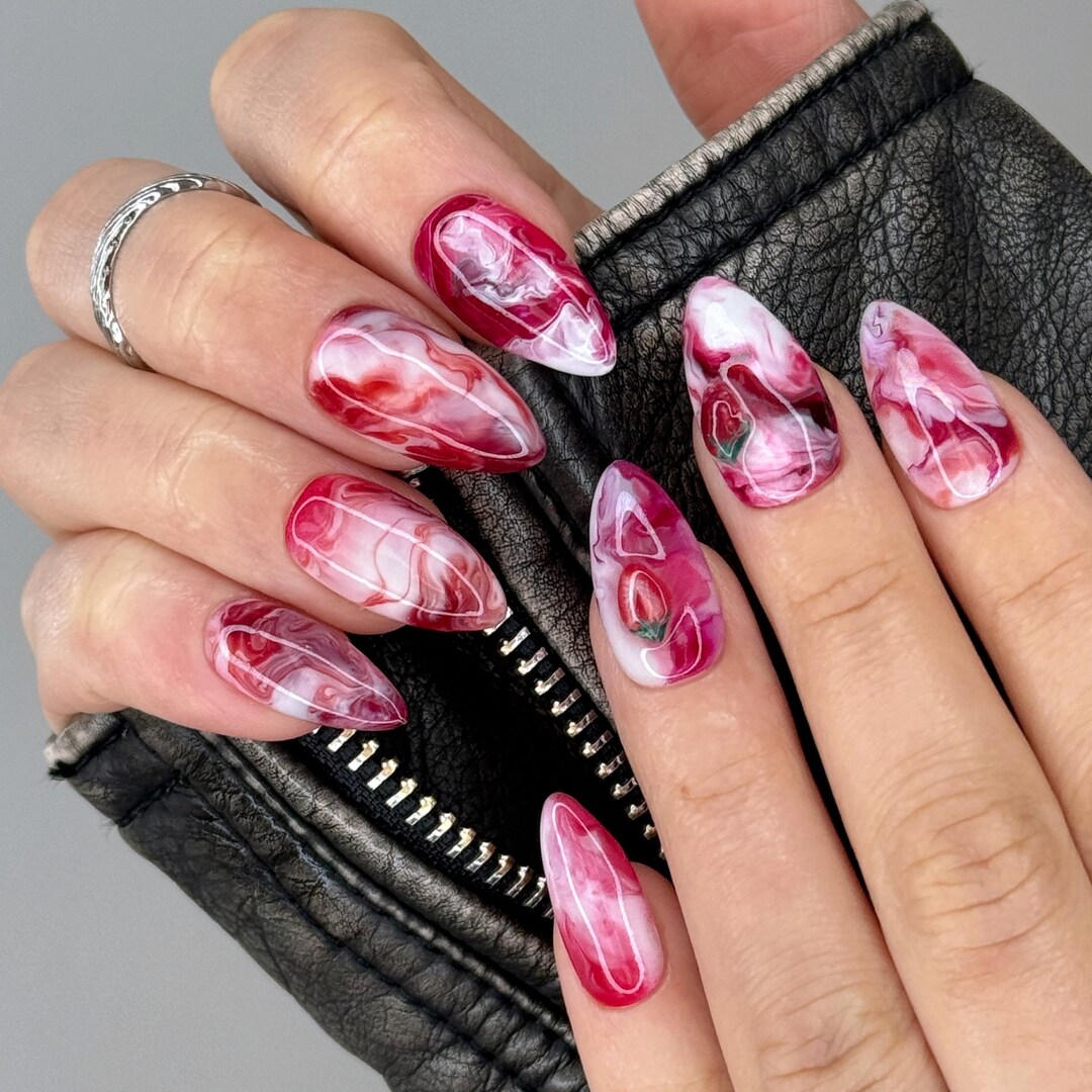 Milkshake Red White 3D Nails Strawberry Marble Style Press on Nails Gel ...