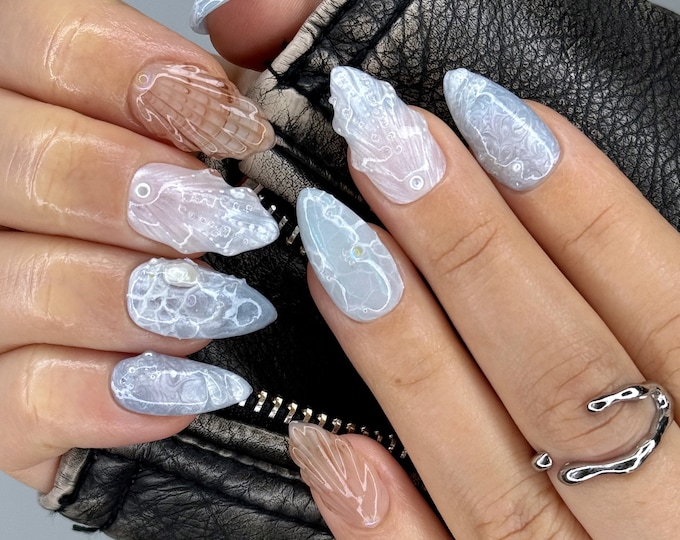 Silver Shell Blue Ocean Design Press on Nails Mermaid Vibe Trip ...