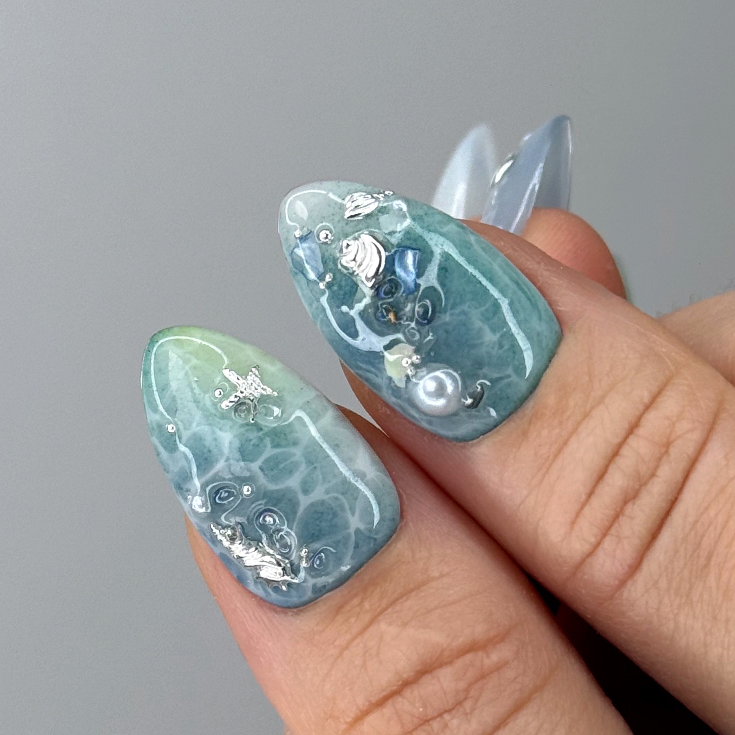 Summer Vacation Blue / Green Water Design Ocean Press on Nails Island Trip Reusable Gel Nails ...