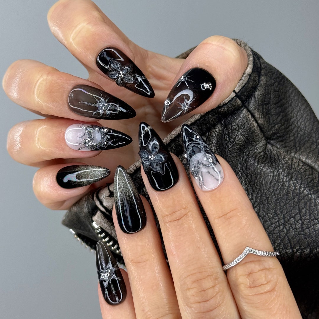 Witchy Gothic Y2k Black Freestyle Flower 3D Silver Chrome Press on Nails Spooky Style Reusable ...