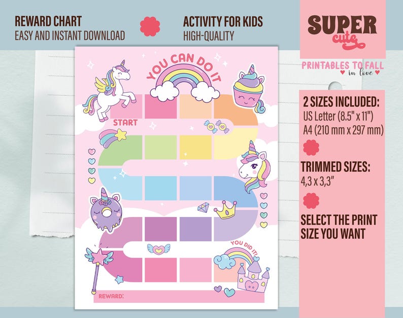 Unicorn Rainbow Reward Chart for Kids, Cute Unicorn Sticker Chart ...