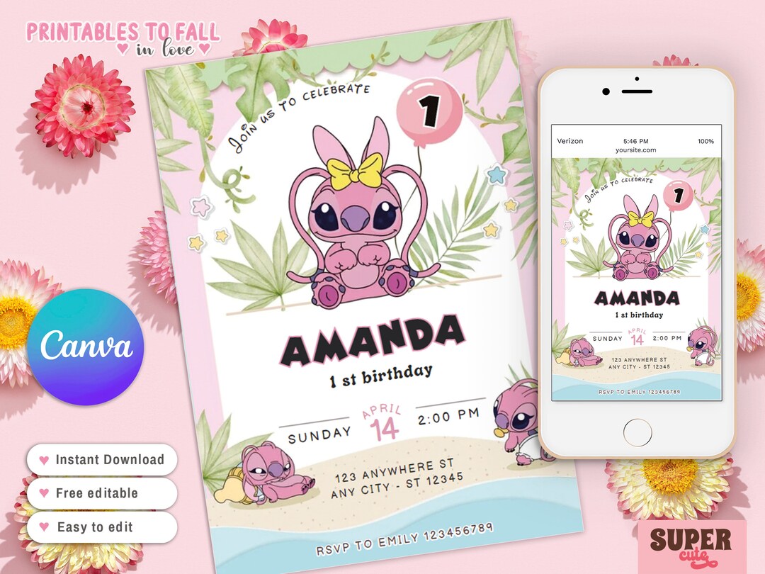 Stitch Girl Birthday Invitation, Pink Stitch Baby Shower Invitation ...