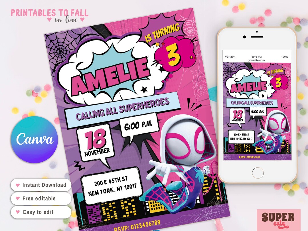 Gwen Birthday Invitation, Spidey Gwen Party, Spider-verse Girl Birthday ...