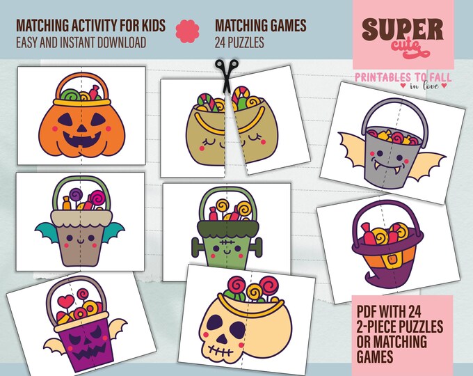 Kawaii Halloween Matching Game, Symmetry Cards, Puzzles for Toddlers ...