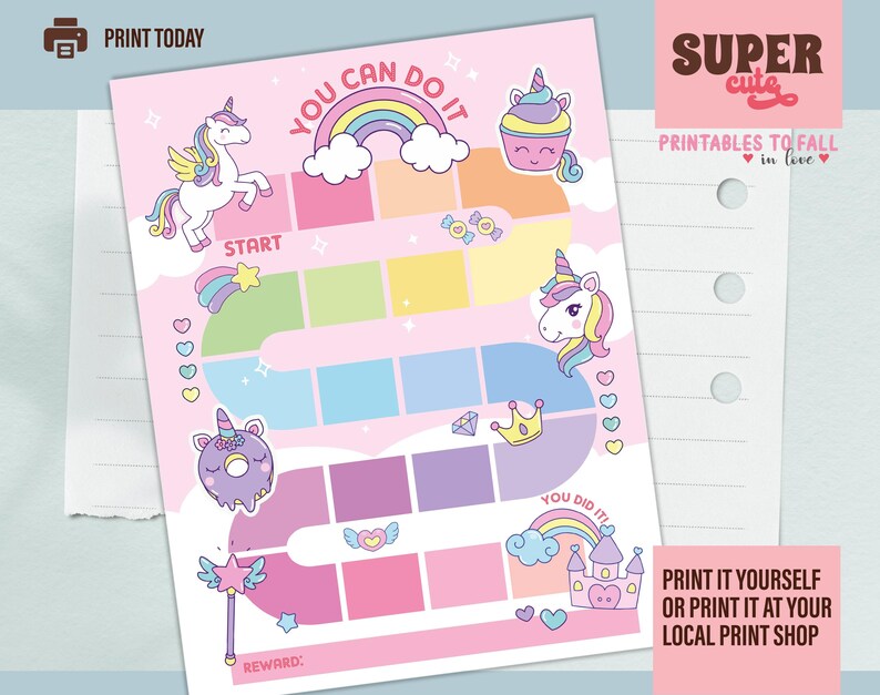 Unicorn Rainbow Reward Chart for Kids, Cute Unicorn Sticker Chart ...