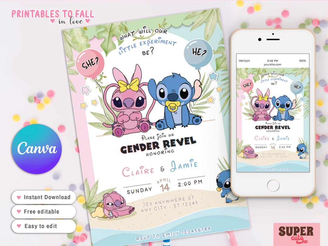 Stitch and Angel Gender Reveal Invitation, Baby Shower Stitch or Angel ...