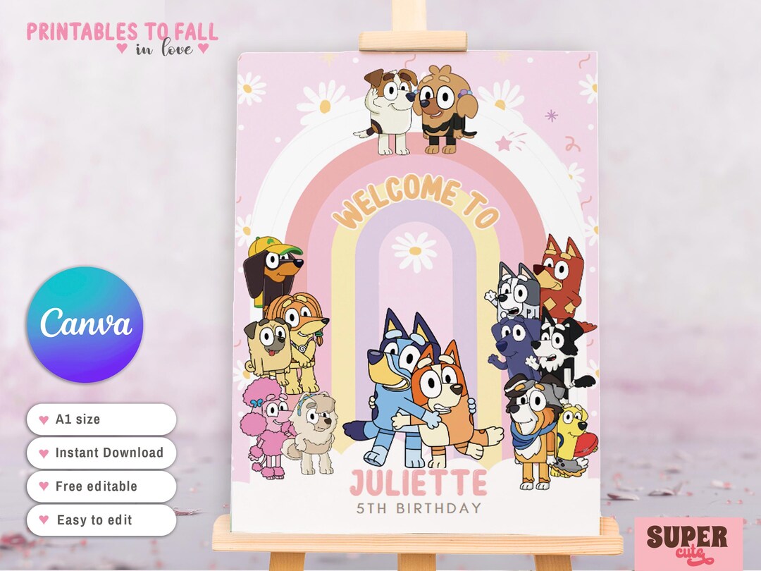 Editable Girl Blue Dog Birthday Welcome Sign, Printable Blue Dog Party ...