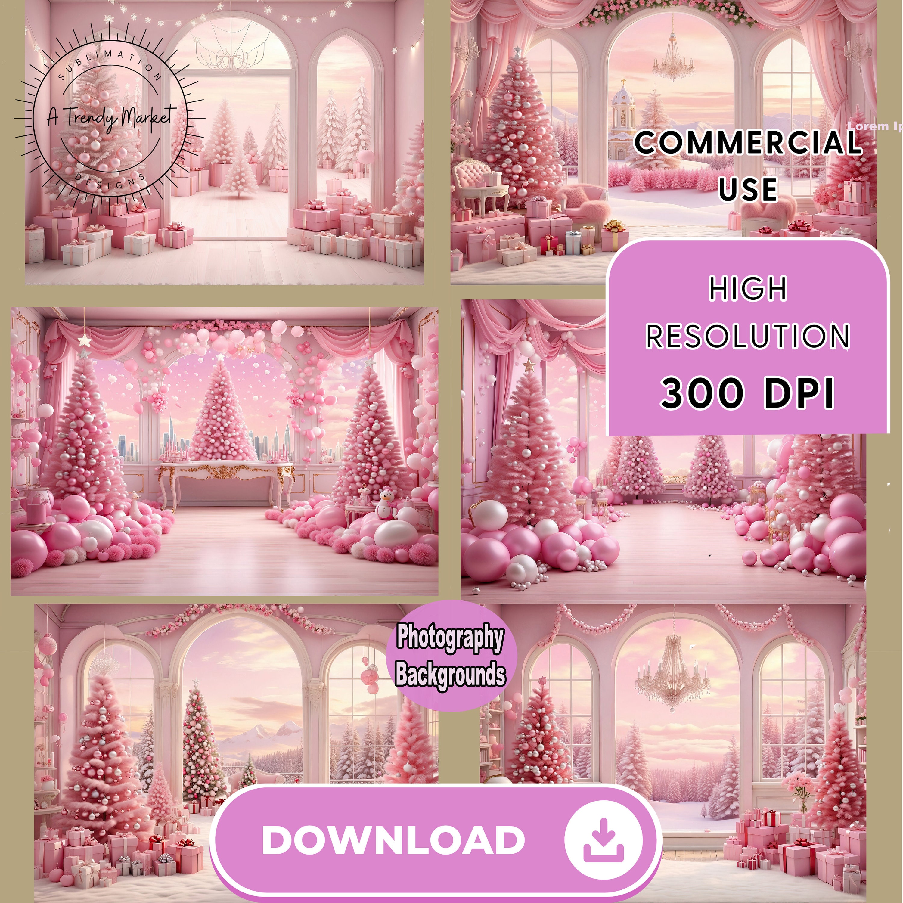 Pink Christmas Digital Backdrop Bundle Winter Wonderland Backdrop Pink ...