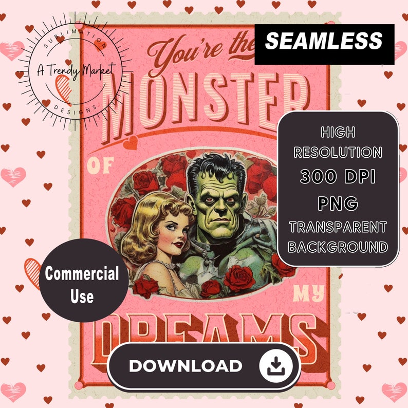 Frankenstein Valentine 20oz Tumbler Wrap: Retro Monster Love (PNG ...
