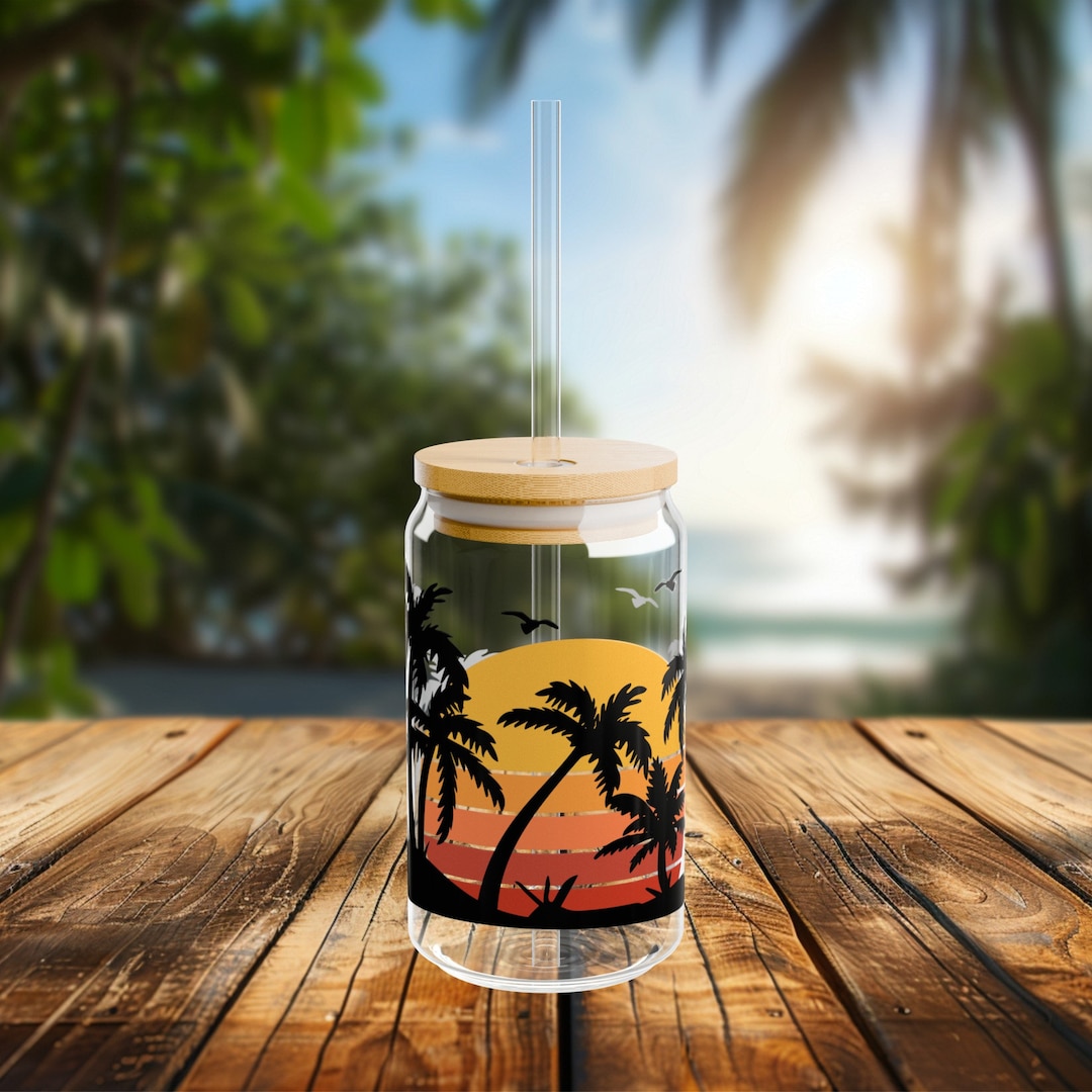 Sunset Palm Trees 16 Oz Sipper Glass Beer Can Iced and Hot Coffee Tea ...