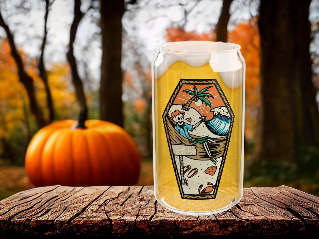 Beach Skeleton in Casket Glass Beer Can - Spooky Sips Halloween Glass ...