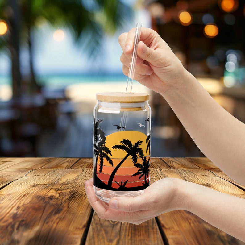 Sunset Palm Trees - 16 Oz Sipper Glass Beer Can - Iced and Hot Coffee ...