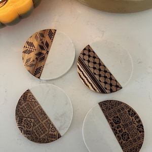 Tatreez and Kuffiyeh Design Marble and Wood Coasters Palestinian Decor ...