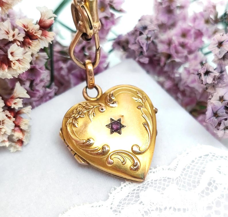 Antique French FIX Heart Locket in Gold-filled, Ruby: Sentimental ...
