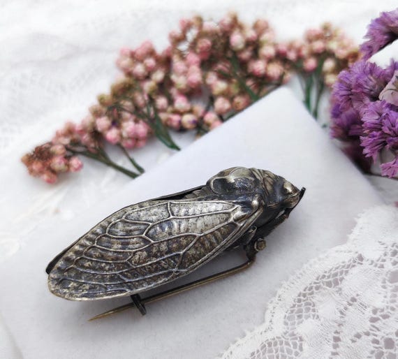 Antique French Silver Cicada Brooch: Victorian Art No… - Gem