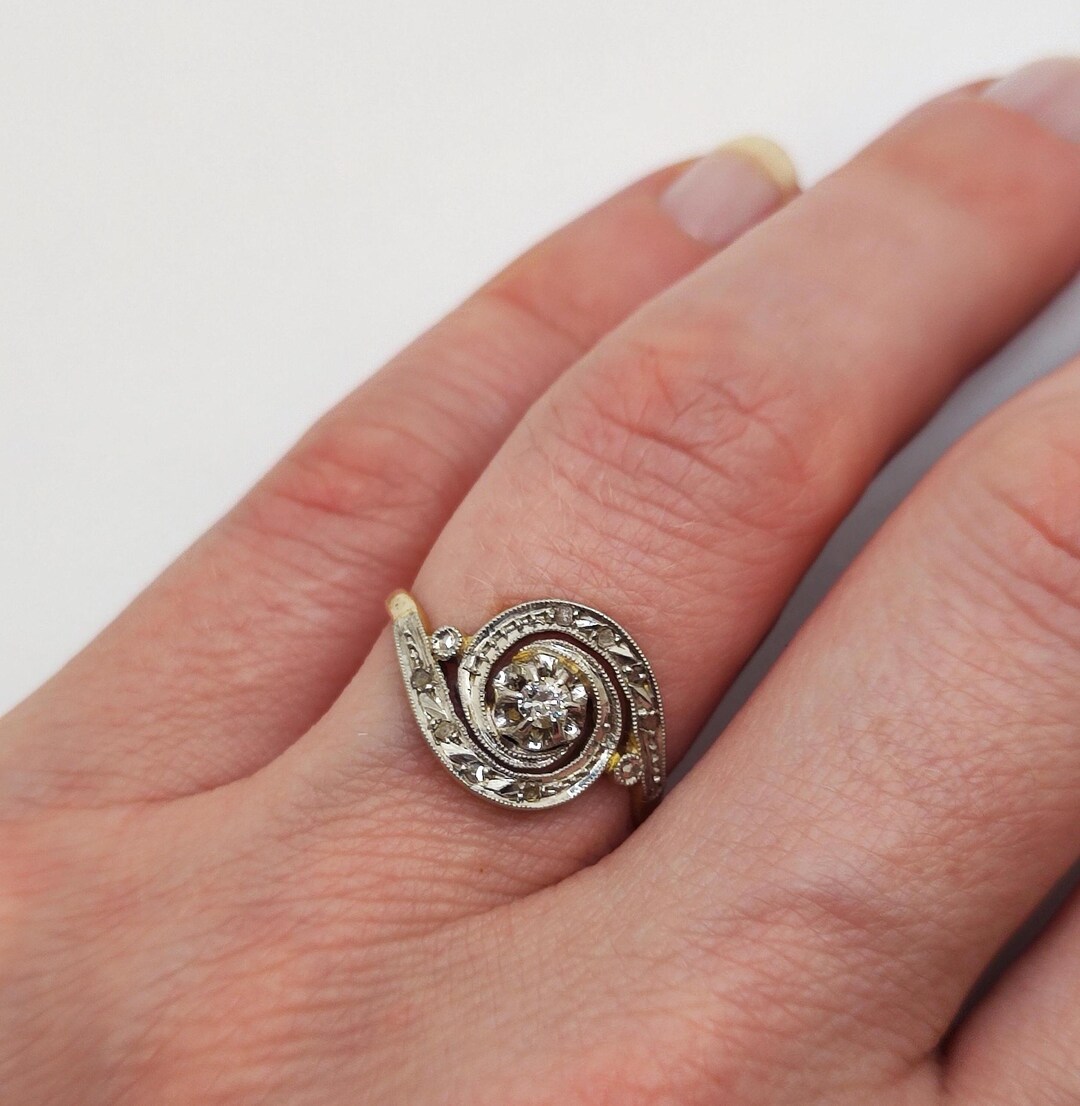 1890–1910s 18k Gold, Central Diamond, 10 Small. French Tourbillon Ring ...
