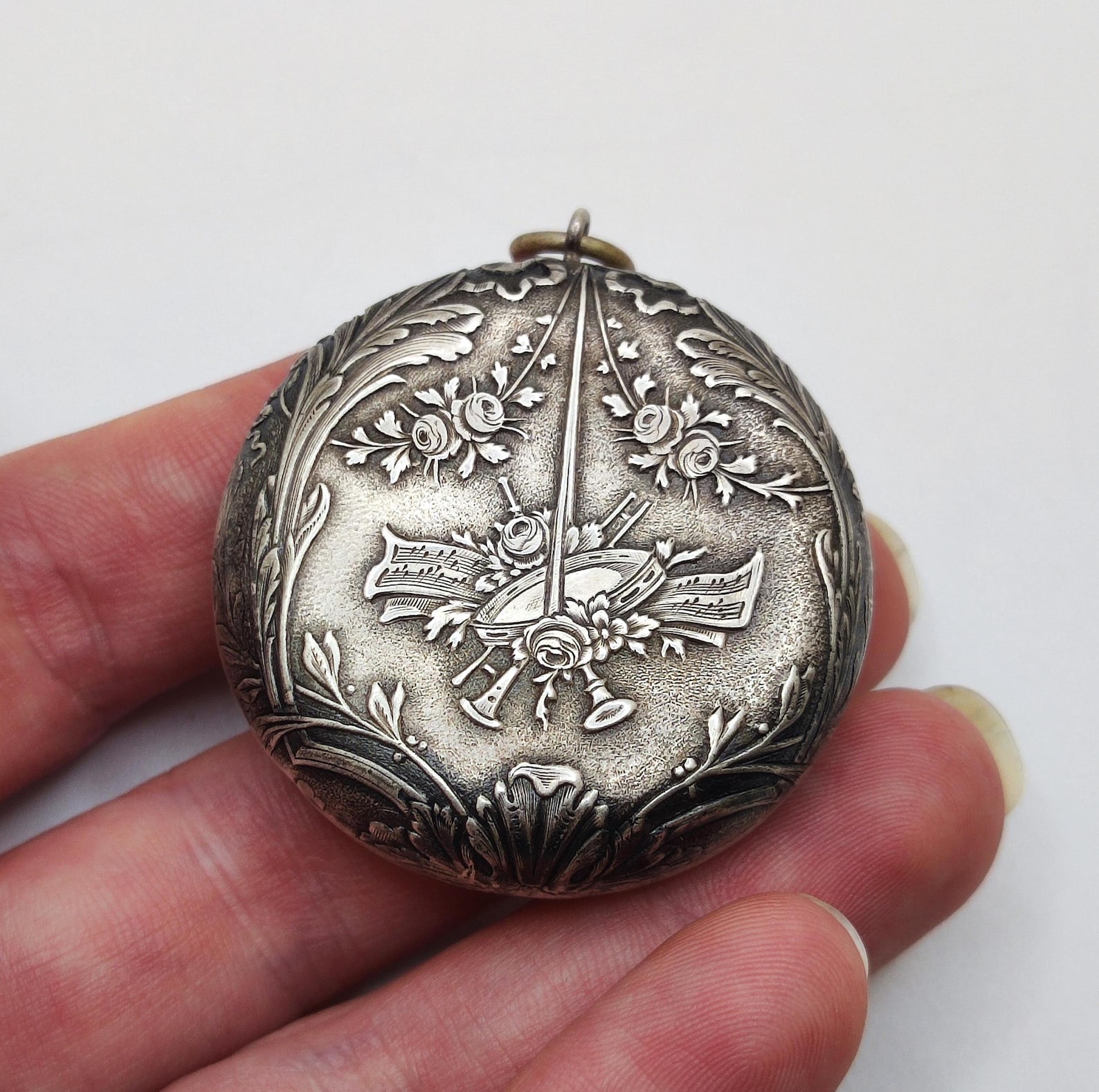 Antique French Silver Compact Pendant: Art Nouveau Floral & Musical ...