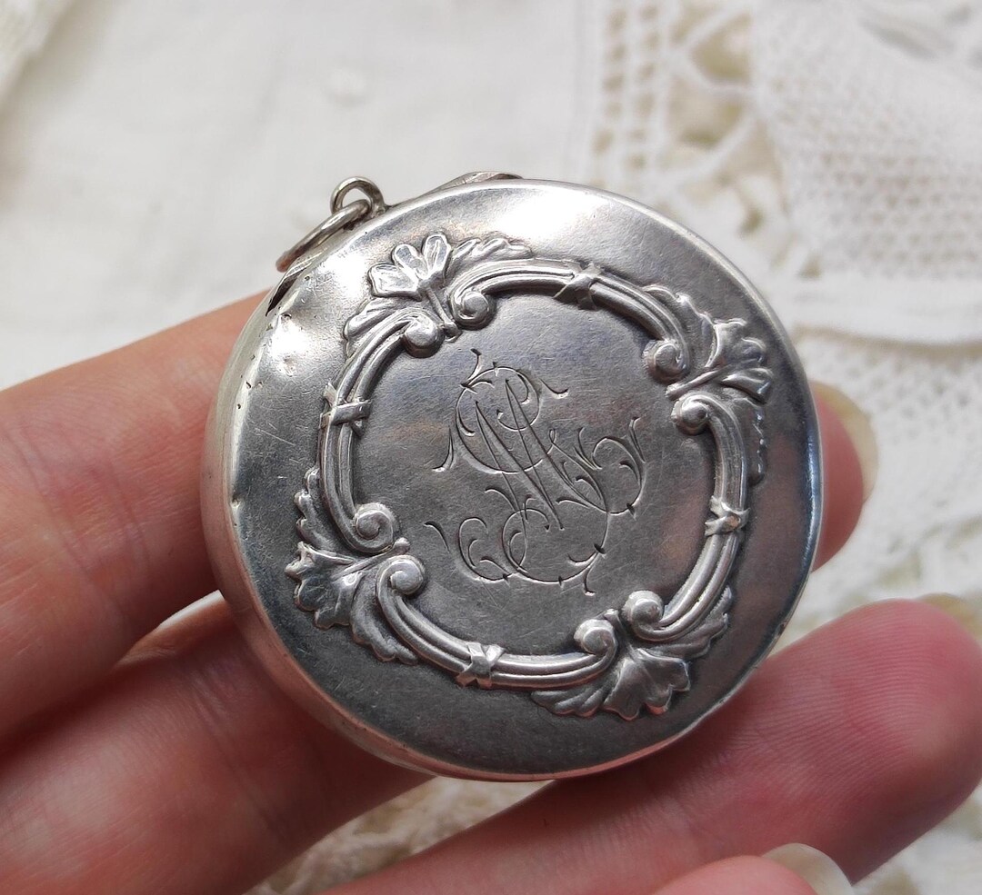 1880-1900 German Silver Locket, Monogram. Decorative Compact&mirror ...