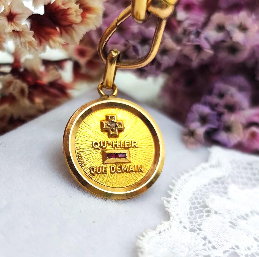 Vintage 18k Gold French Love Medal: Ruby Diamond "qu'hier Que Demain ...