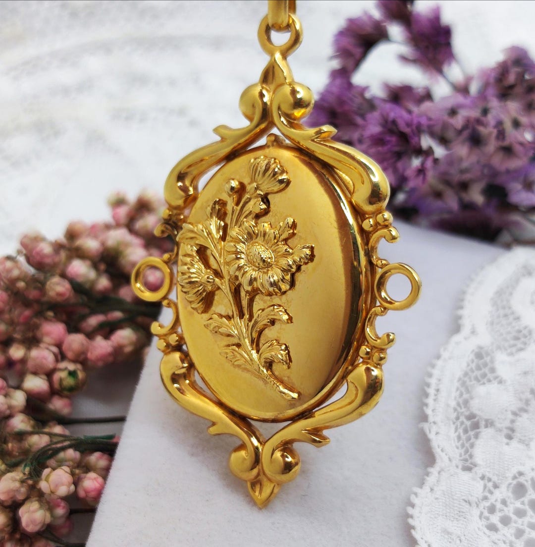 Antique French Gold Plated Locket. Daisy Bouquet Motif, Secret ...