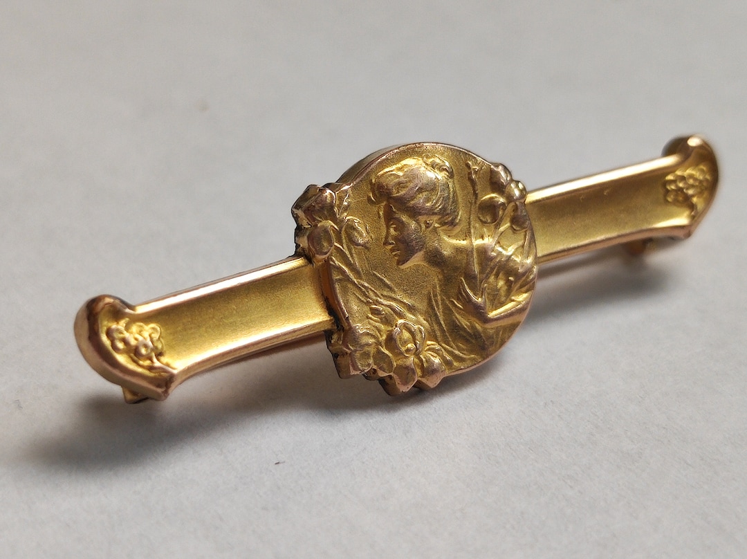 1890-1910 Art Nouveau, Gold-plated, French Brooch Featuring a Girl With ...