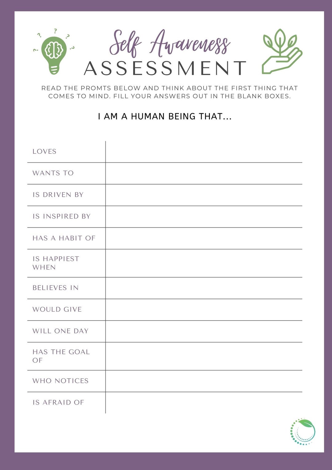 Self Awareness Worksheet - Etsy
