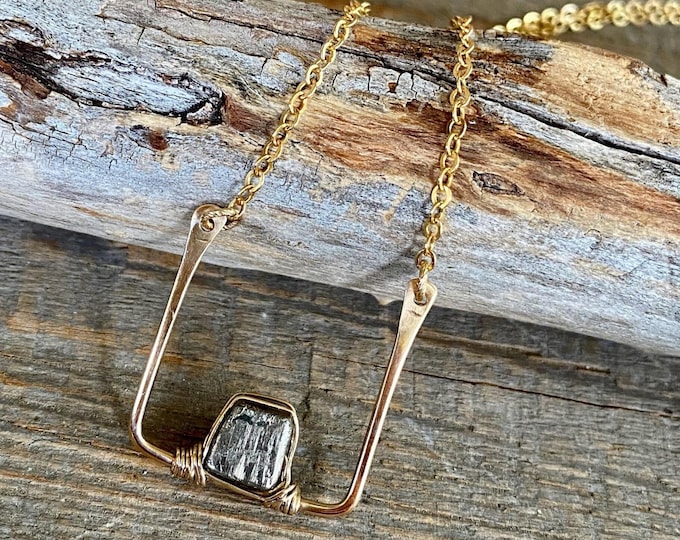 NECKLACE - Raw and Rough Pyrite and Gold-filled Square Open Hoop ...