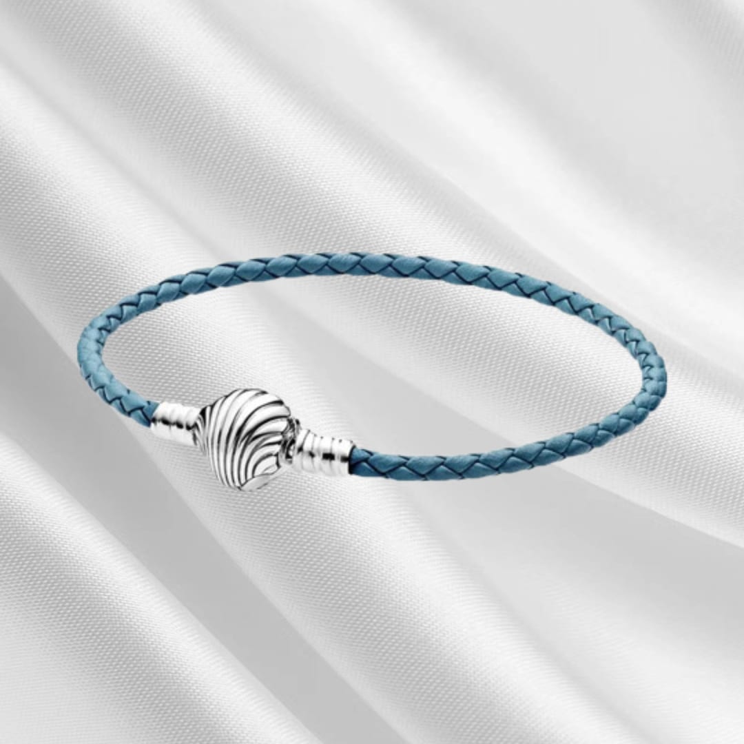Pandora Seashell Turquoise Braided Leather Charm Bracelet S925 Sterling ...