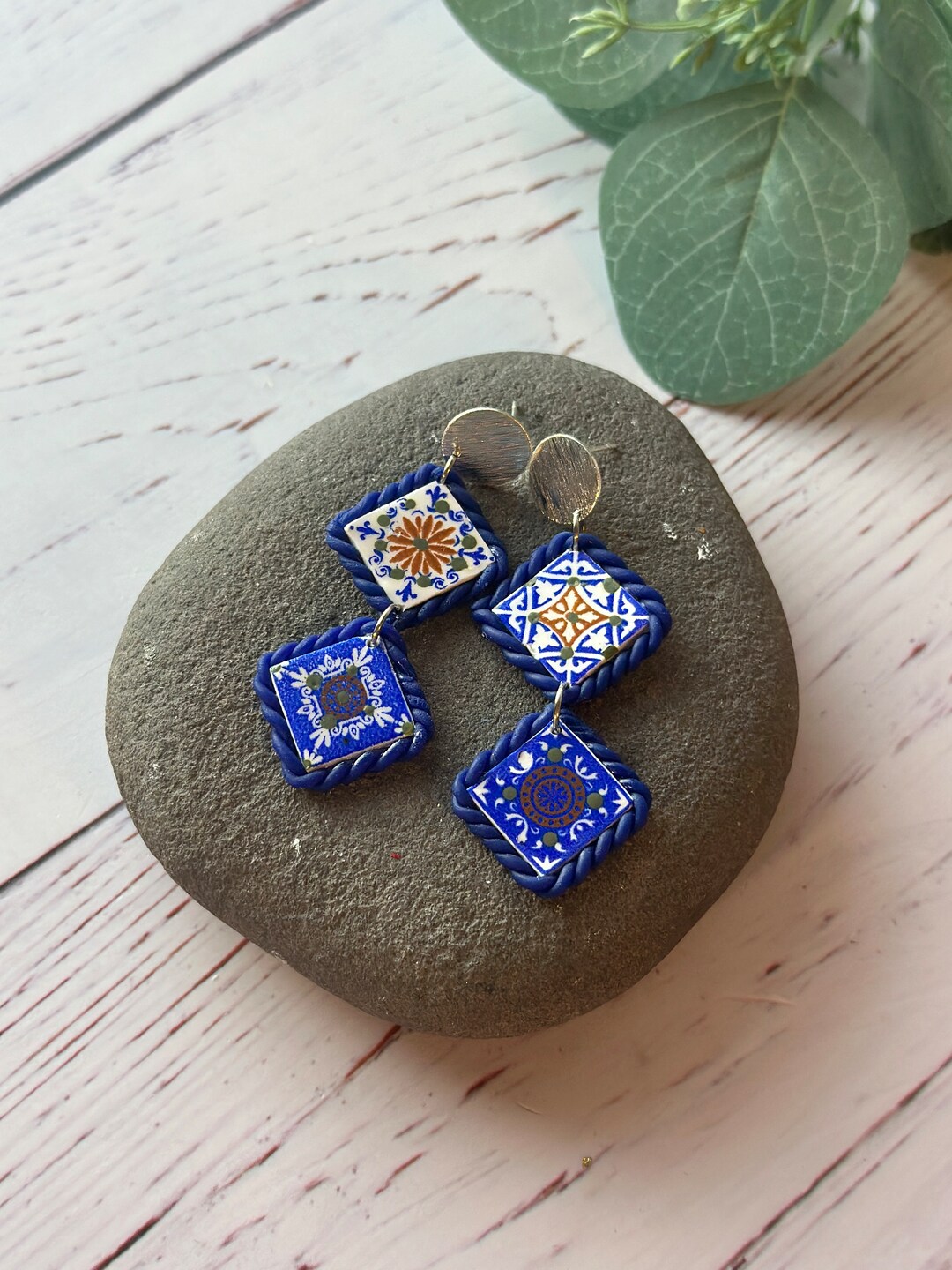 Blue and White Spanish Tile Inspired Polymer Clay Statement Earrings - Etsy