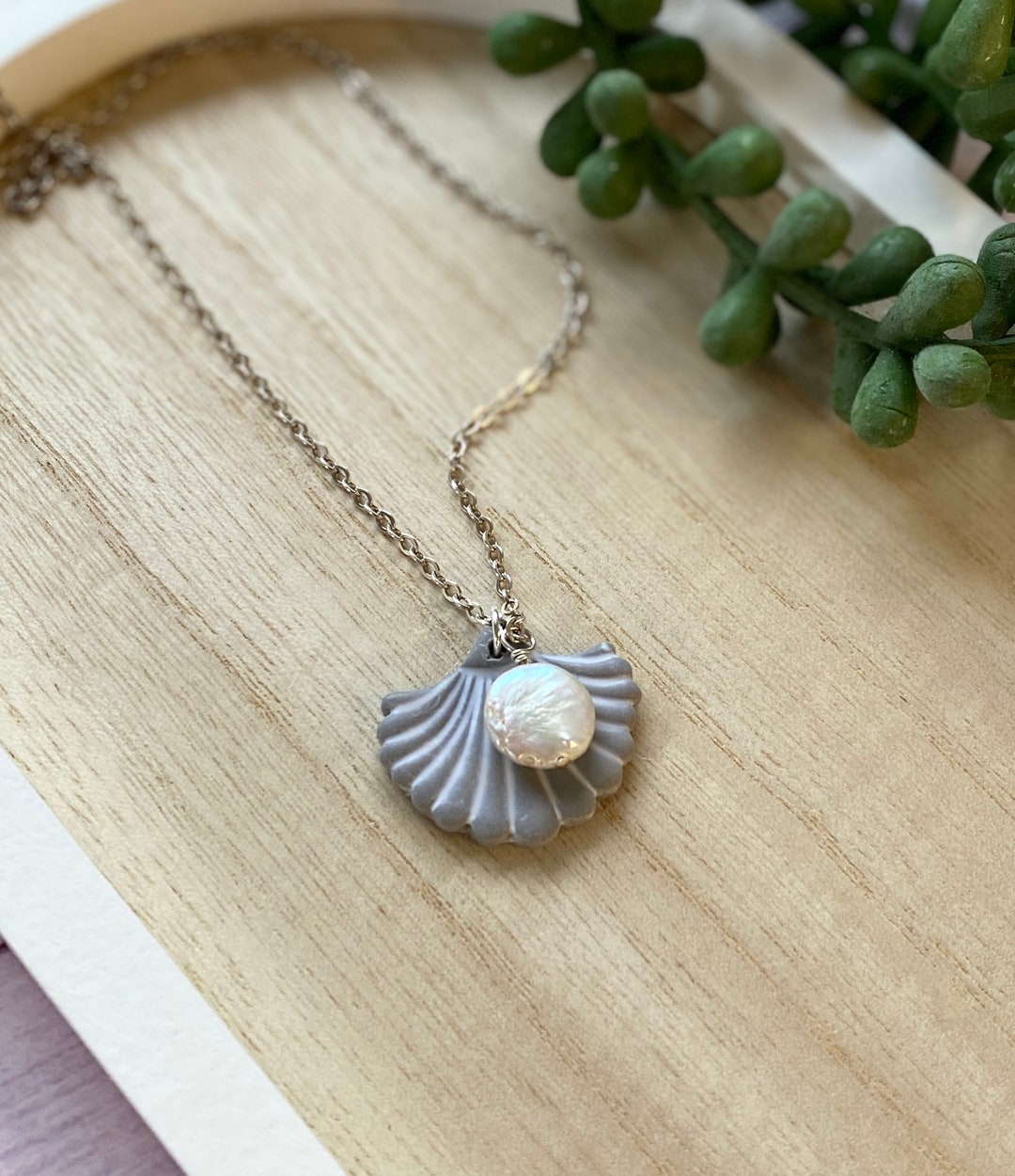 Gray Sea Shell Sterling Silver Polymer Clay Necklace - Etsy