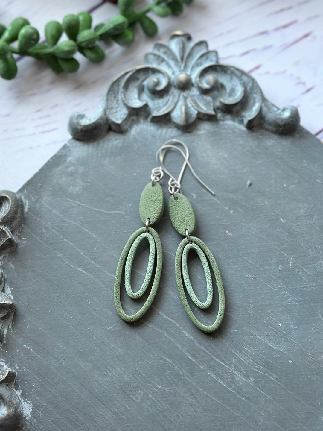 Olive Green Geometric Oval Polymer Clay Statement Earrings - Etsy