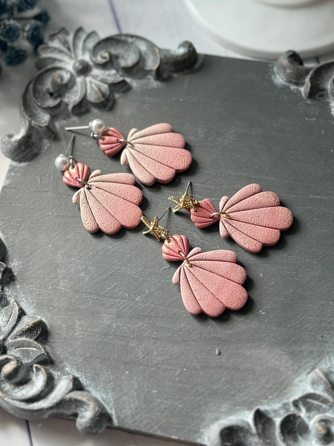 Pink Seashell Pearl Beach Themed Polymer Clay Statement Earrings - Etsy