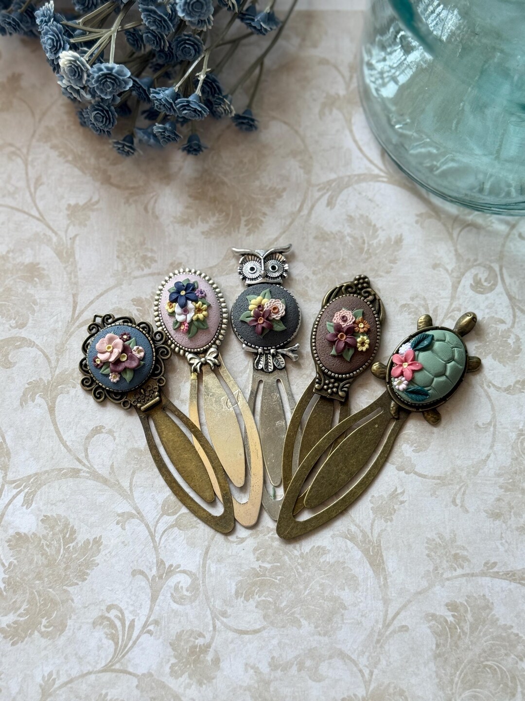 Handmade Polymer Clay Bookmark, Floral and Turtle Vintage Style Metal ...