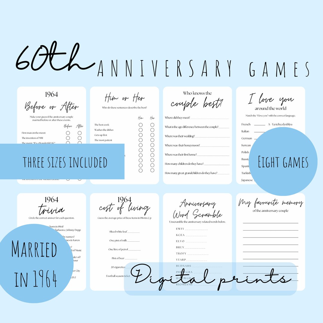 60th Anniversary Party Games Bundle Married in 1964 Games, 60th Wedding ...
